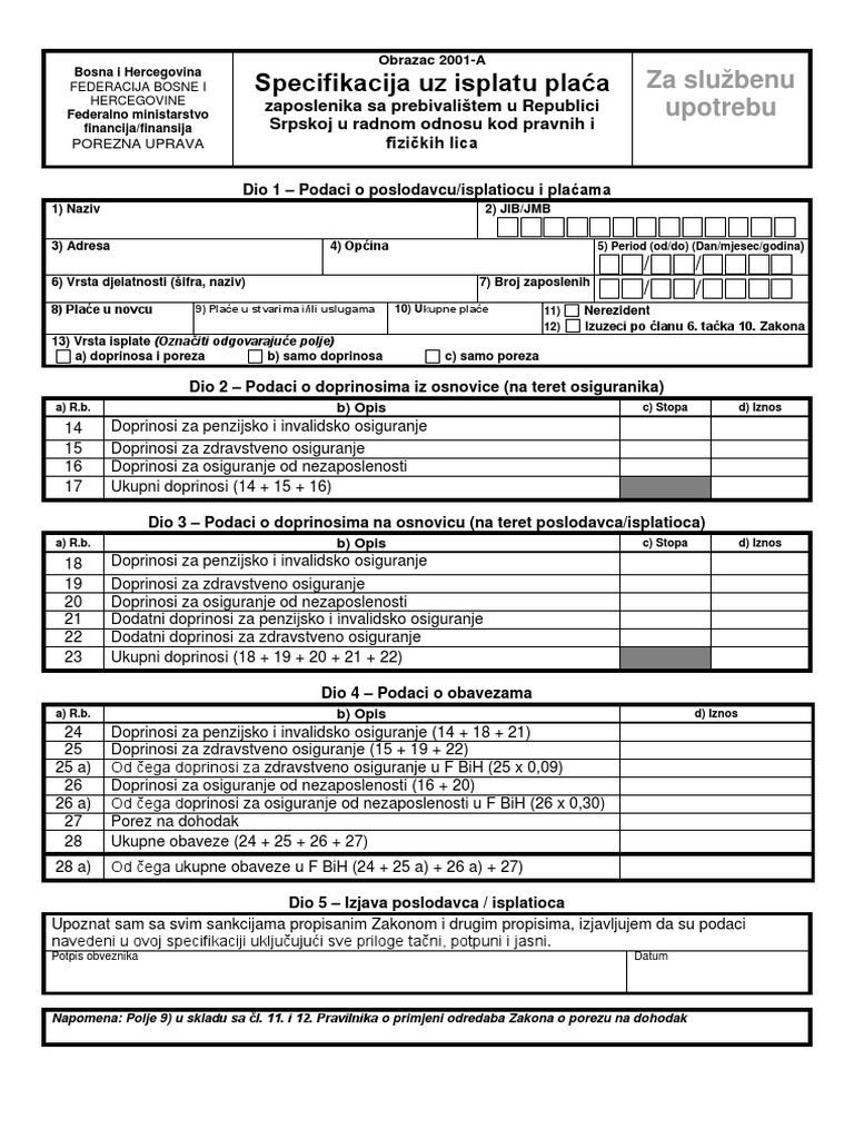 Obrazac - 2001-A - Za Objavu PDF | PDF
