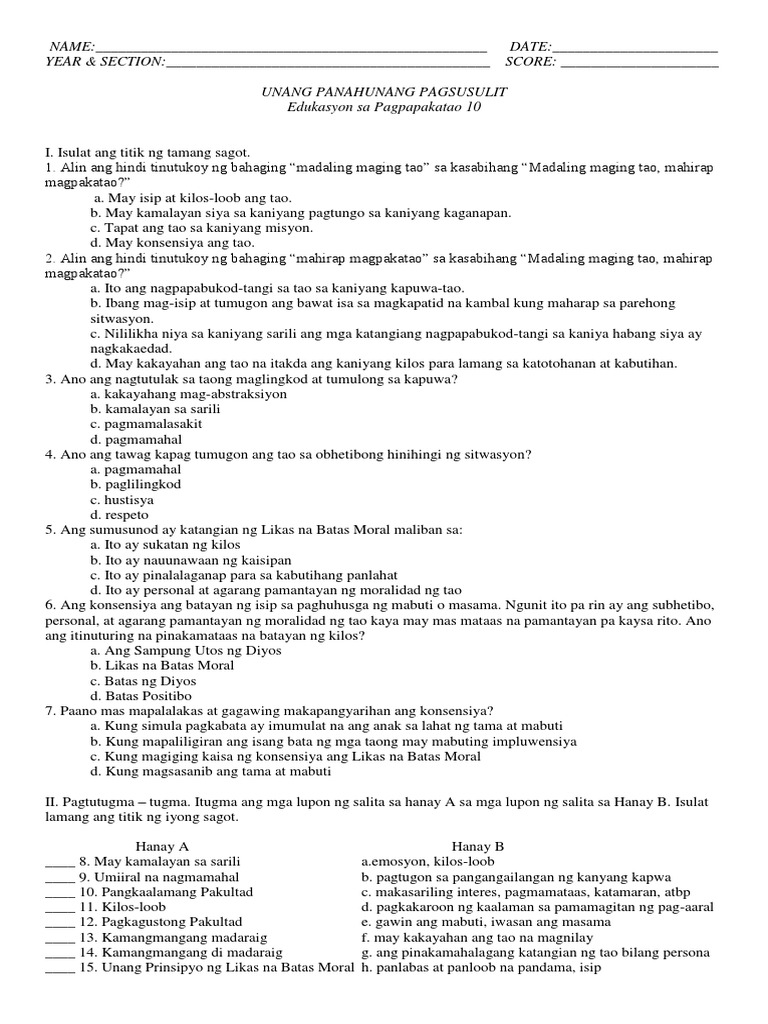 Edukasyon Sa Pagpapakatao 10 1st QRTR Exam | PDF