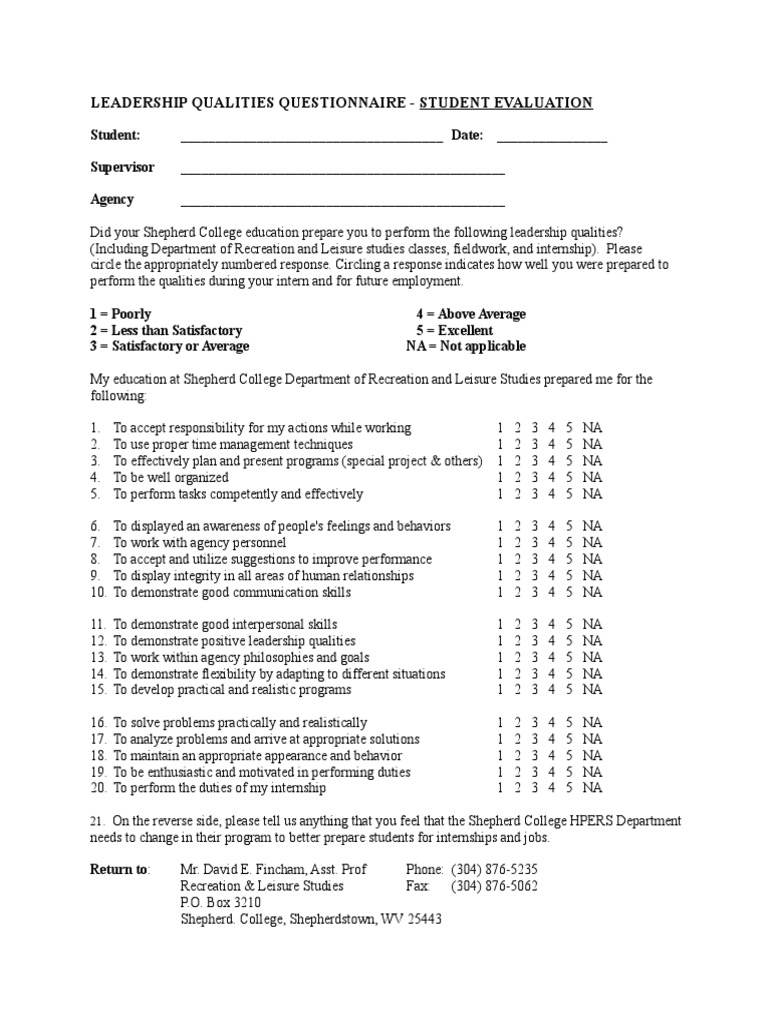 recr 450 Internship/LEADERSHIP QUALITIES QUESTIONNAIRE Student | PDF