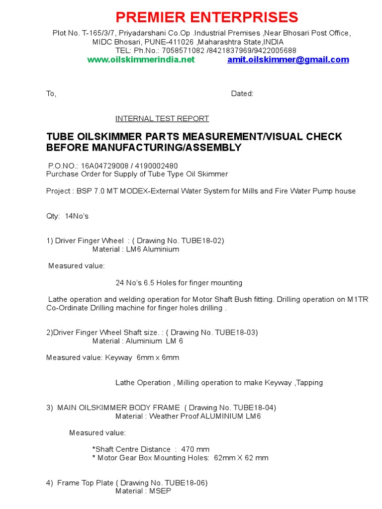 Internal Test Report of Parts Before Assembly Tube OS 18 | PDF ...