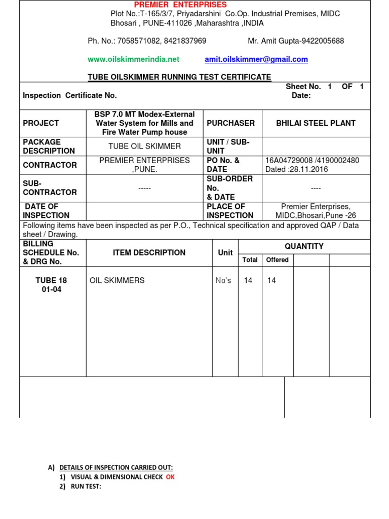 Tube O.S. Running Test Certificate Bhilai Steel Plant | PDF | Nature