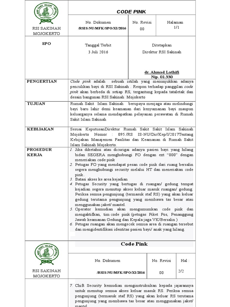 Sop Code Pink | PDF