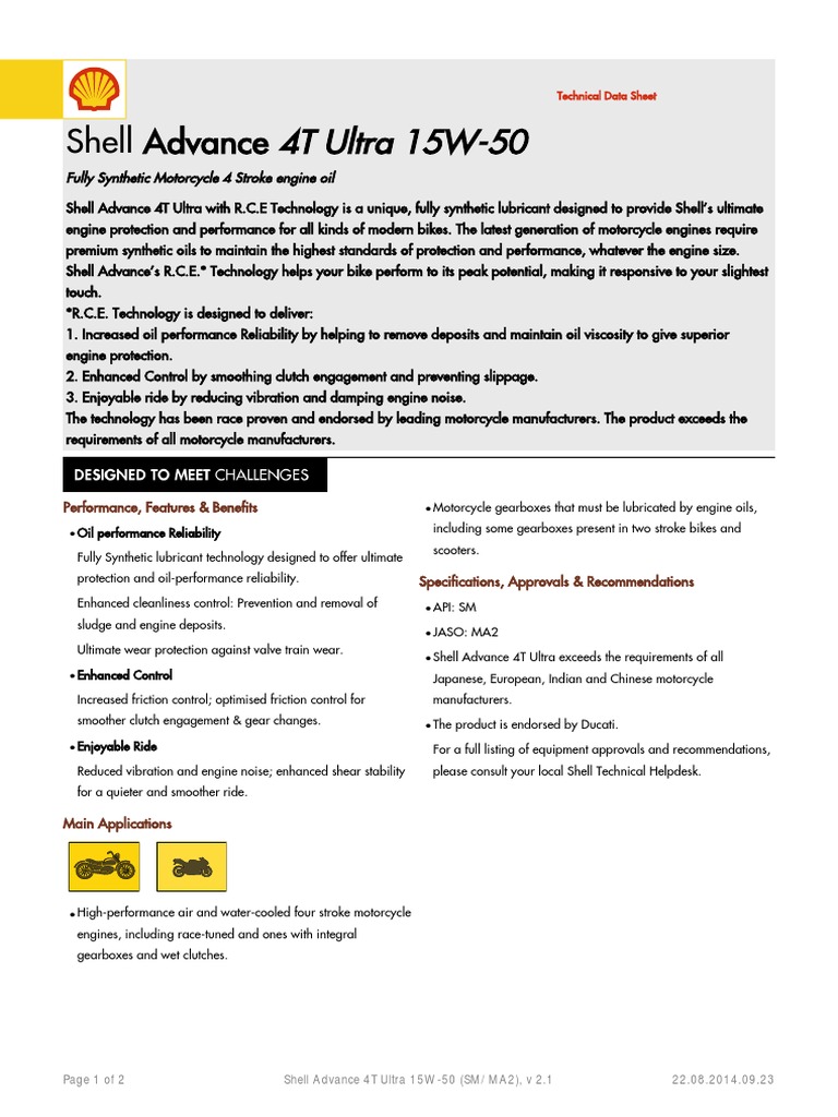 Shell Advance 4T Ultra 15W-50 Technical Data Sheet | PDF | Motor Oil ...