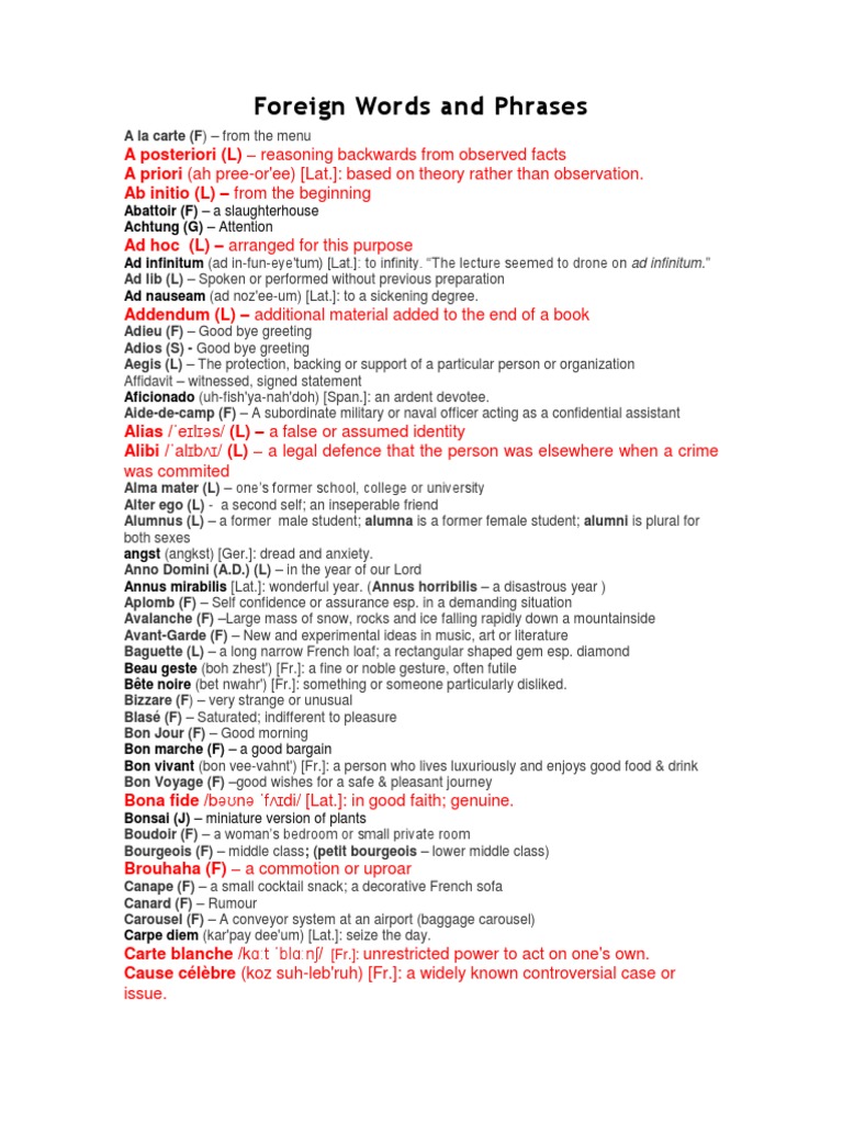 Foreign Words and Phrases: A Posteriori (L) A Priori Ab Initio (L) | PDF