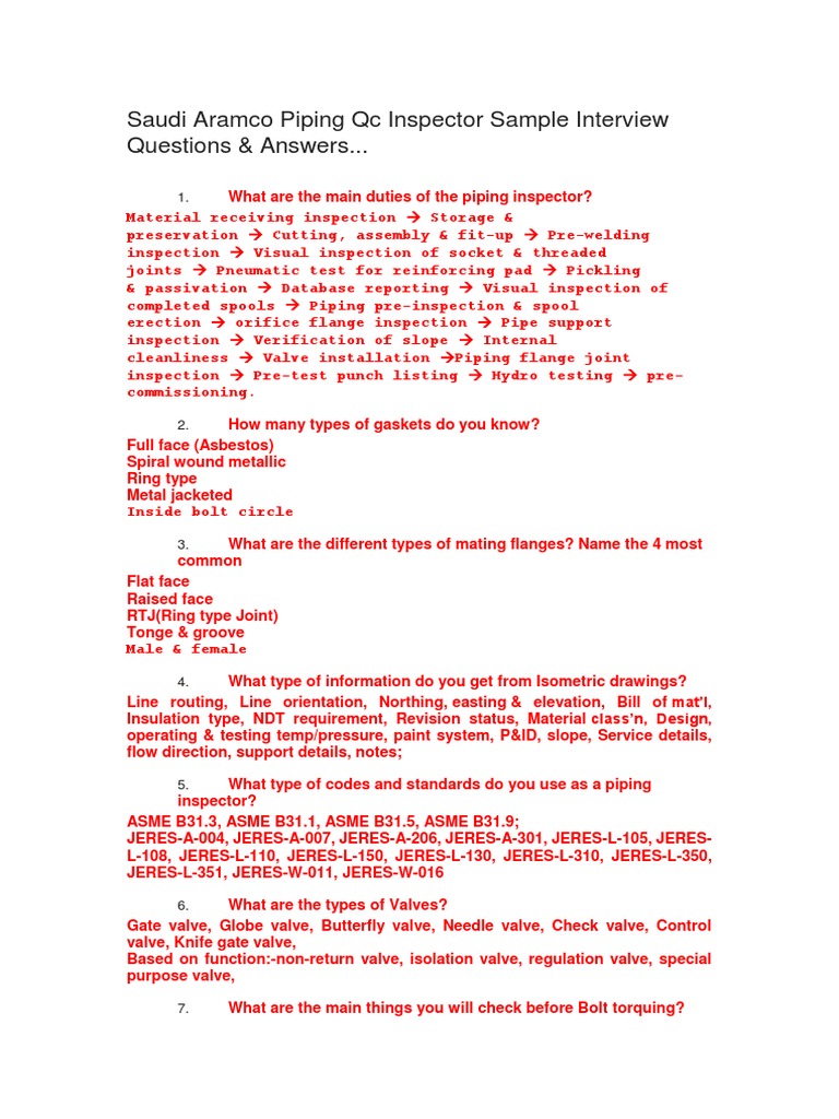 Saudi Aramco Piping QC Inspector Sample Interview Questions | PDF ...