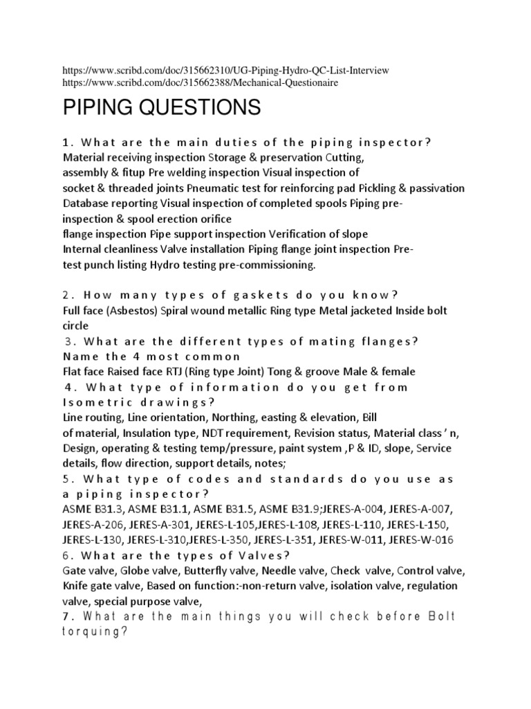 Piping Inspector Questions | PDF | Pipe (Fluid Conveyance) | Valve