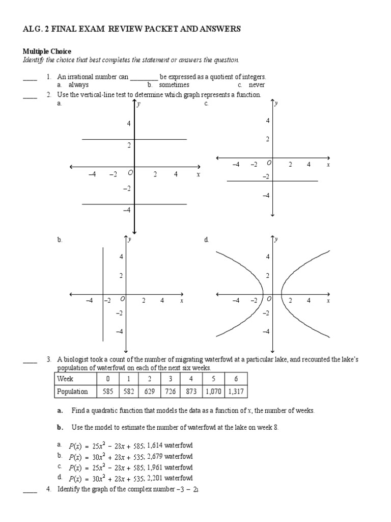 Alg - 2 Final Exam Review Packet and Answers | PDF | Trigonometric ...