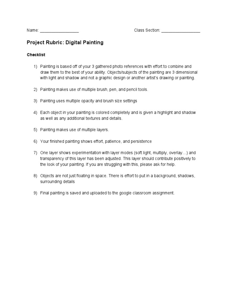 Project Rubric - Digital Painting Checklist 1 | PDF