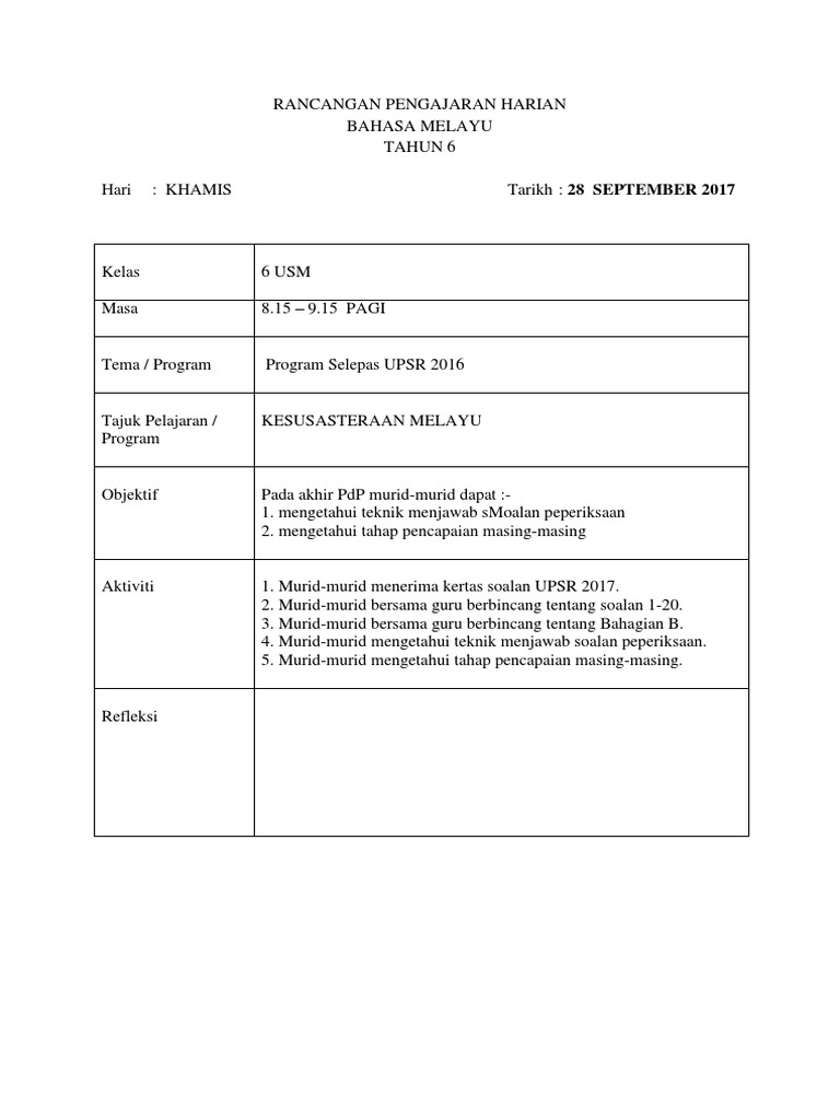 Rancangan Pengajaran Harian-Program Selepas Upsr | PDF