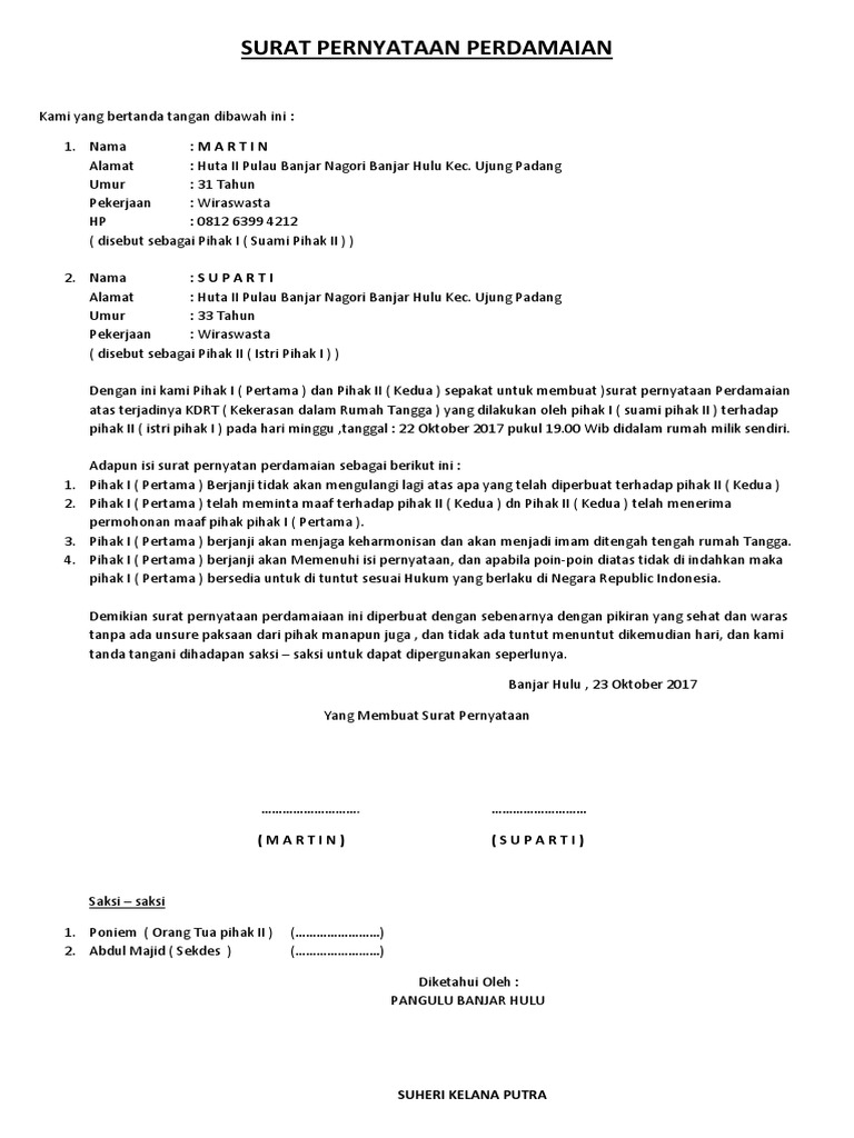 Surat Pernyataan Perdamaian | PDF