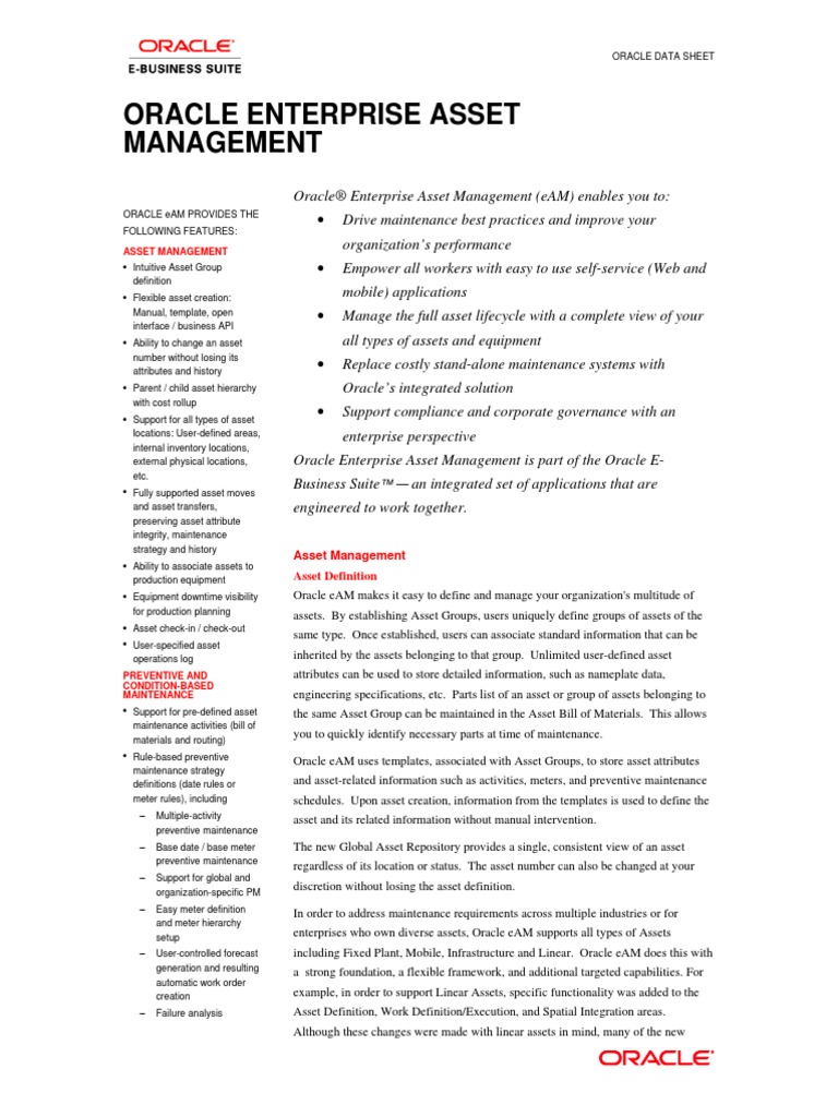 Enterprise Asset Management Oracle Pdf Pdf Oracle Corporation Application Programming