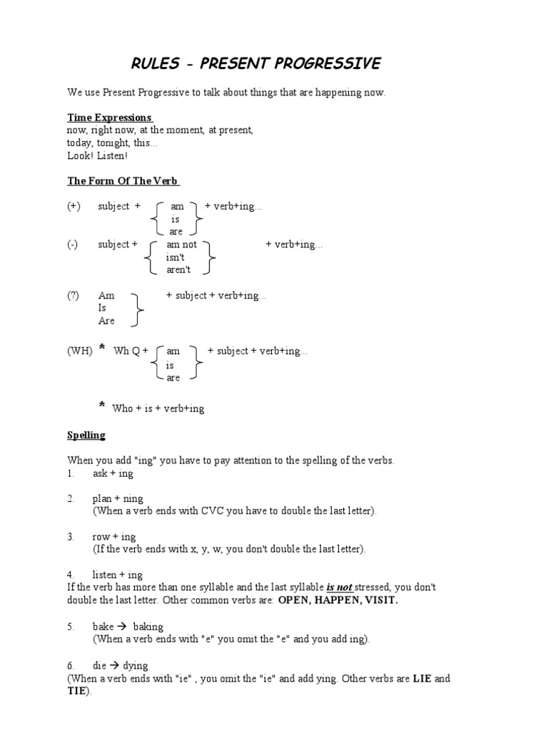 Understanding the Rules and Forms of the Present Progressive Tense | PDF