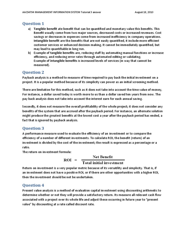 MIS Tutorial 3 Anwer | PDF | Return On Investment | Investing