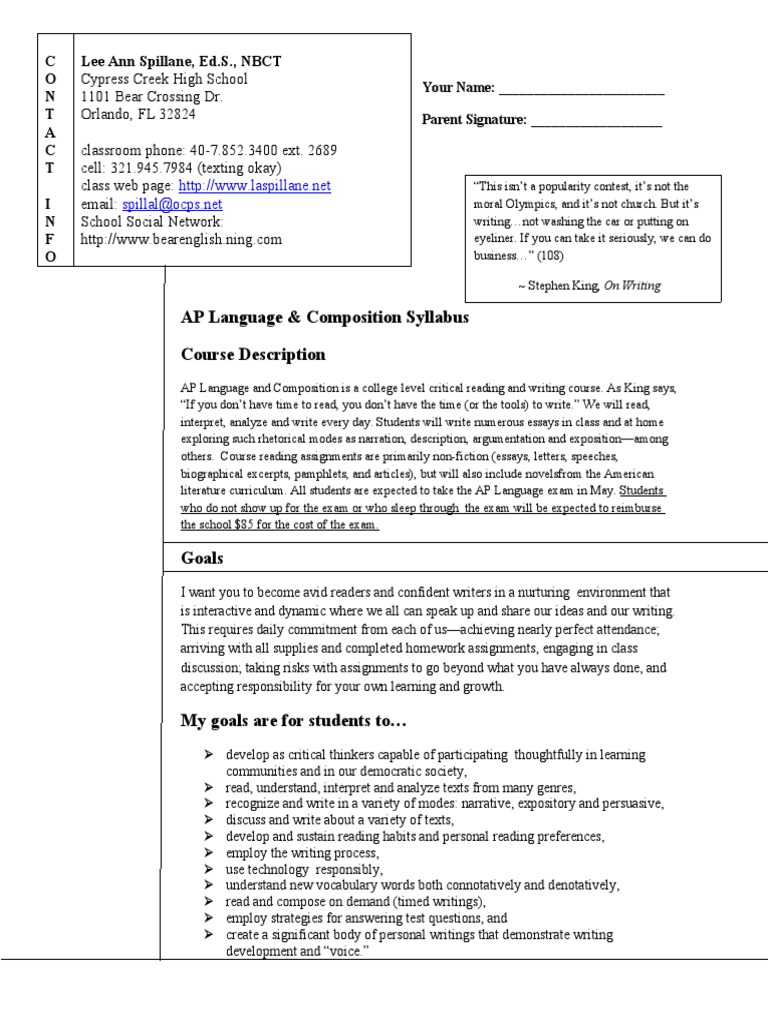 AP Language & Composition Syllabus | PDF | Syllabus | Course Credit