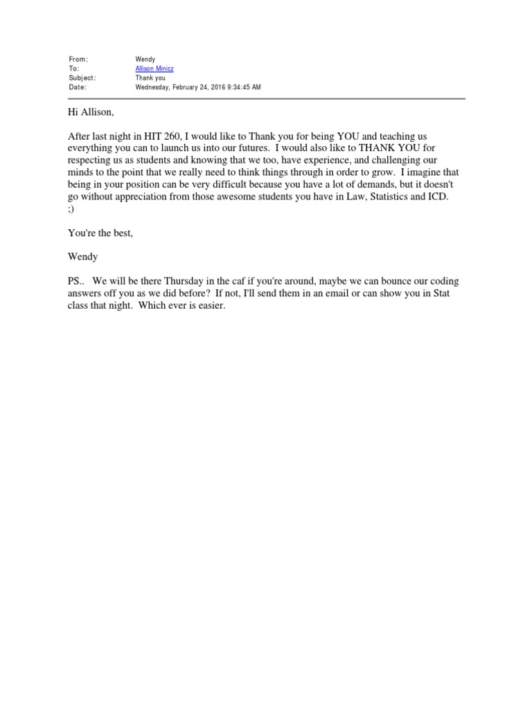 Thank You Note to Professor Allison Minicz | PDF | Religion & Spirituality