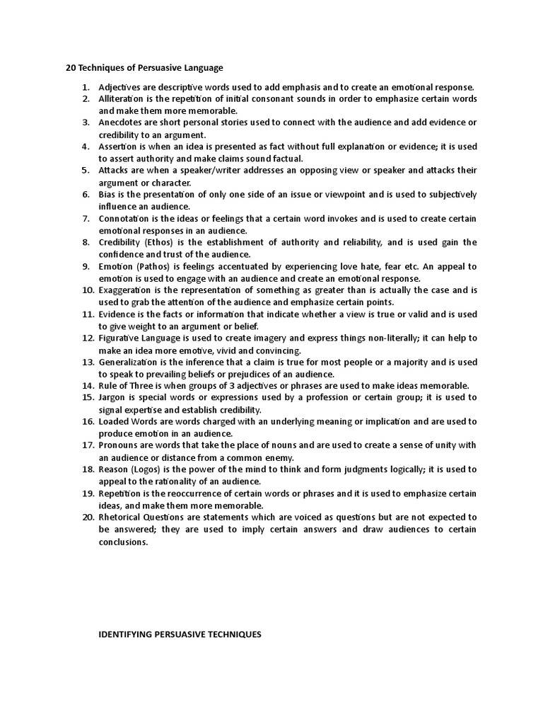 20 Persuasive Language Techniques | PDF | Argument | Emotions