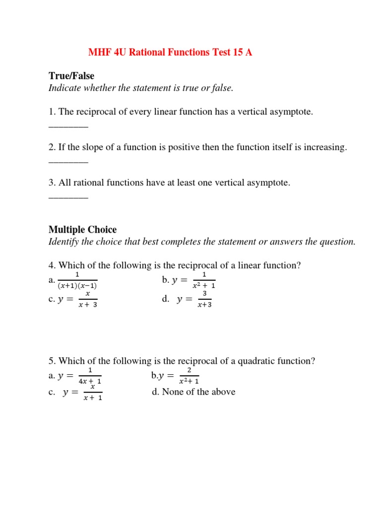 MHF 4U Rational Functions Test 15 A | PDF | Asymptote | Speed