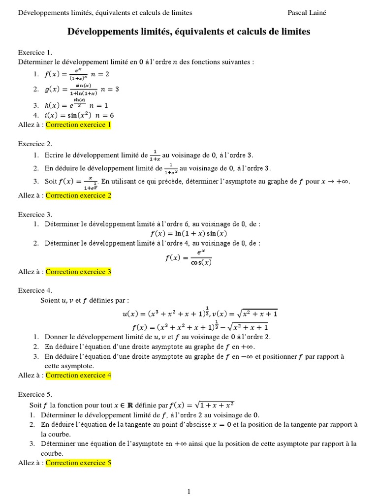 Exercices Corriges Developpements Limites Et Calculs de Limites