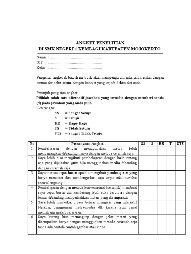 Hasil Belajar Contoh Angket Untuk Siswa 2 Contoh Angket Hasil - Riset