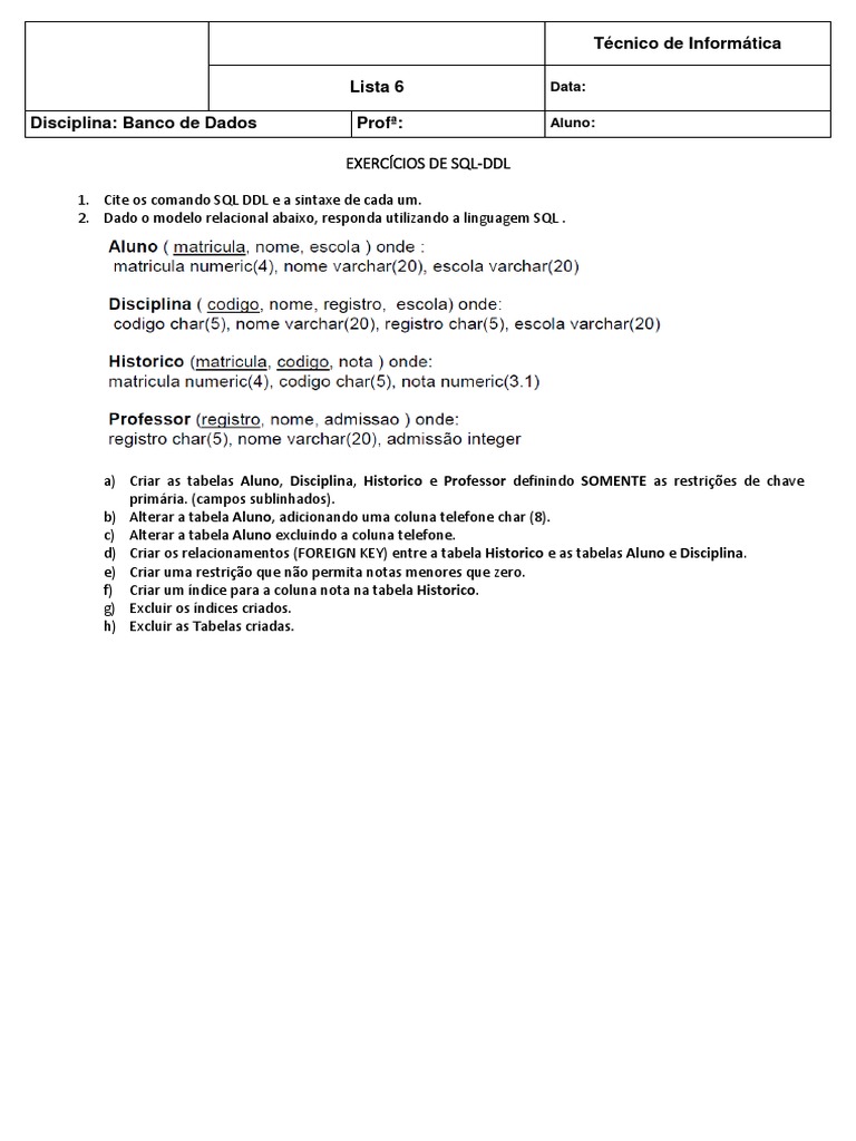 Exercícios SQL DDL | PDF