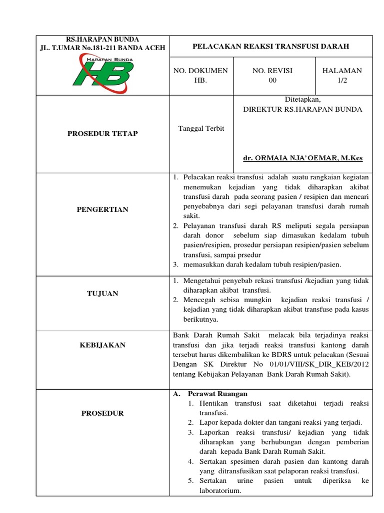 SOP Pelacakan Reaksi Transfusi | PDF | Pengembangan Diri | Sains & Matematika