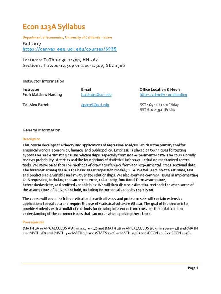 Econ 123A - Syllabus - Fall 2017 | PDF | Regression Analysis | Ordinary Least Squares