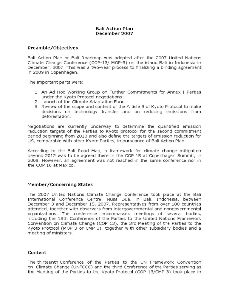 Bali Action Plan Overview 2007 | PDF | United Nations Framework ...