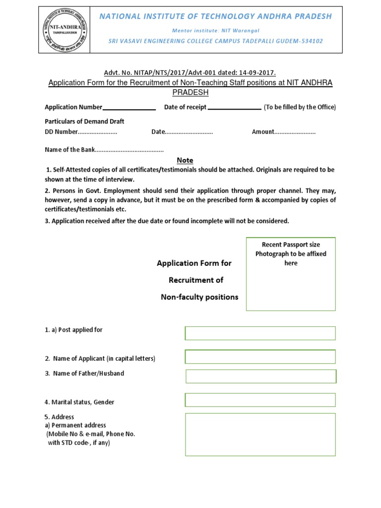 NIT AP Non Teaching Application Form-250917 | Further Education | Business