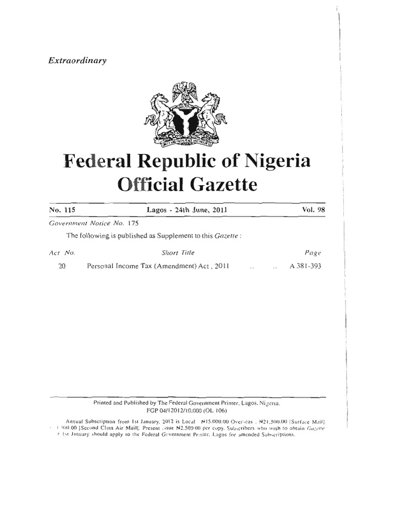 Nigerian Personal Income Tax Act 2011 | PDF | Taxes | Payments