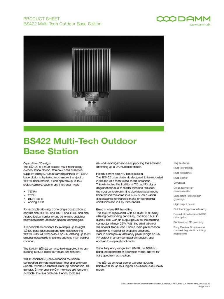 Product Sheet BS422 Multi-Tech Outdoor Base Station | PDF | Base ...