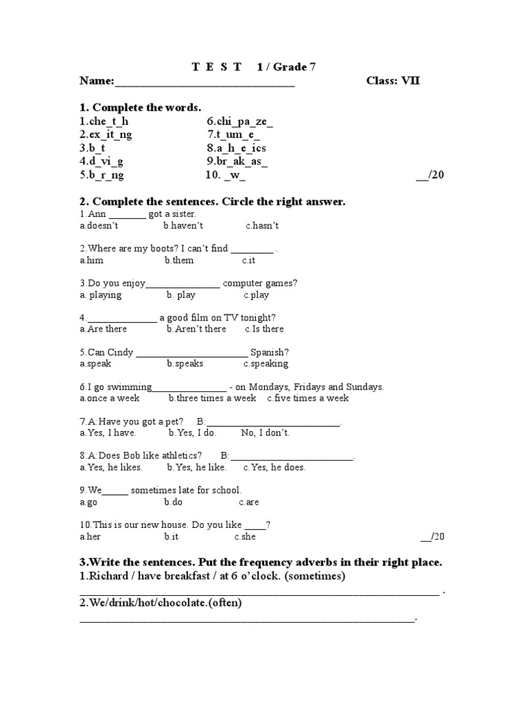 T E S T 1 / Grade 7 Name: - Class: VII 1. Complete The Words | PDF ...