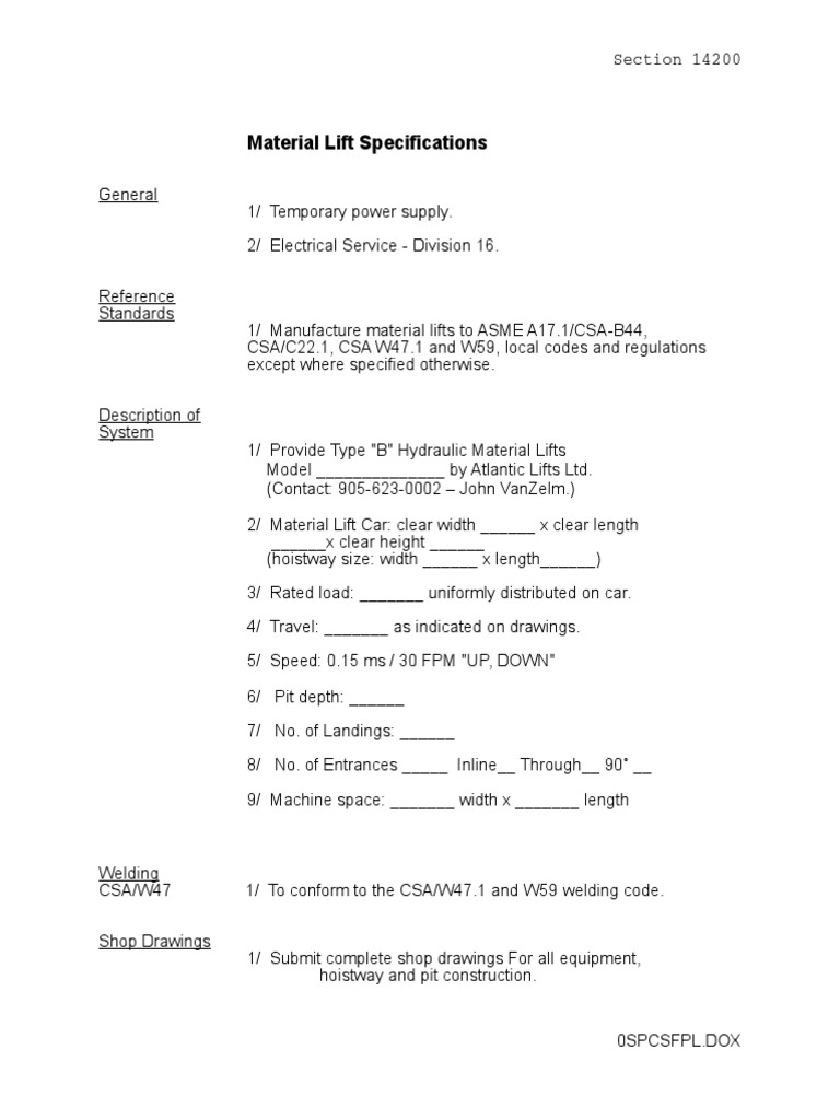 Material Lift Specifications: Section 14200 | PDF | Elevator | Pump