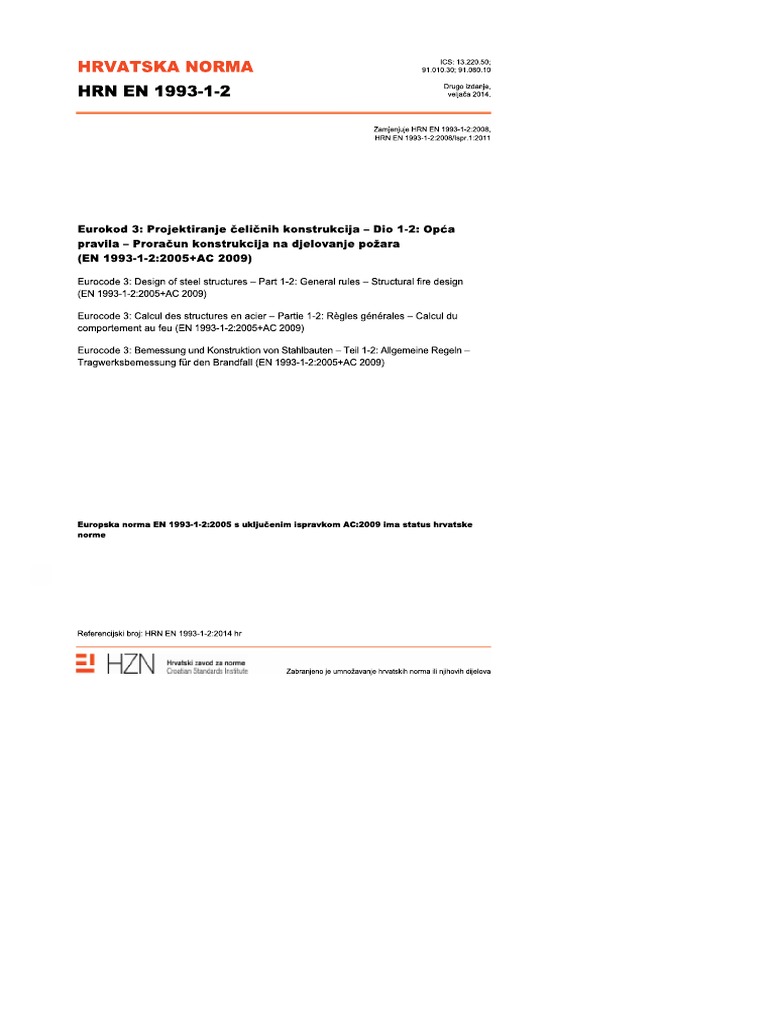 HRN EN 1993-1-2 2014 - Eurokod 3 - Projektiranje Čeličnih Konstrukcije | PDF