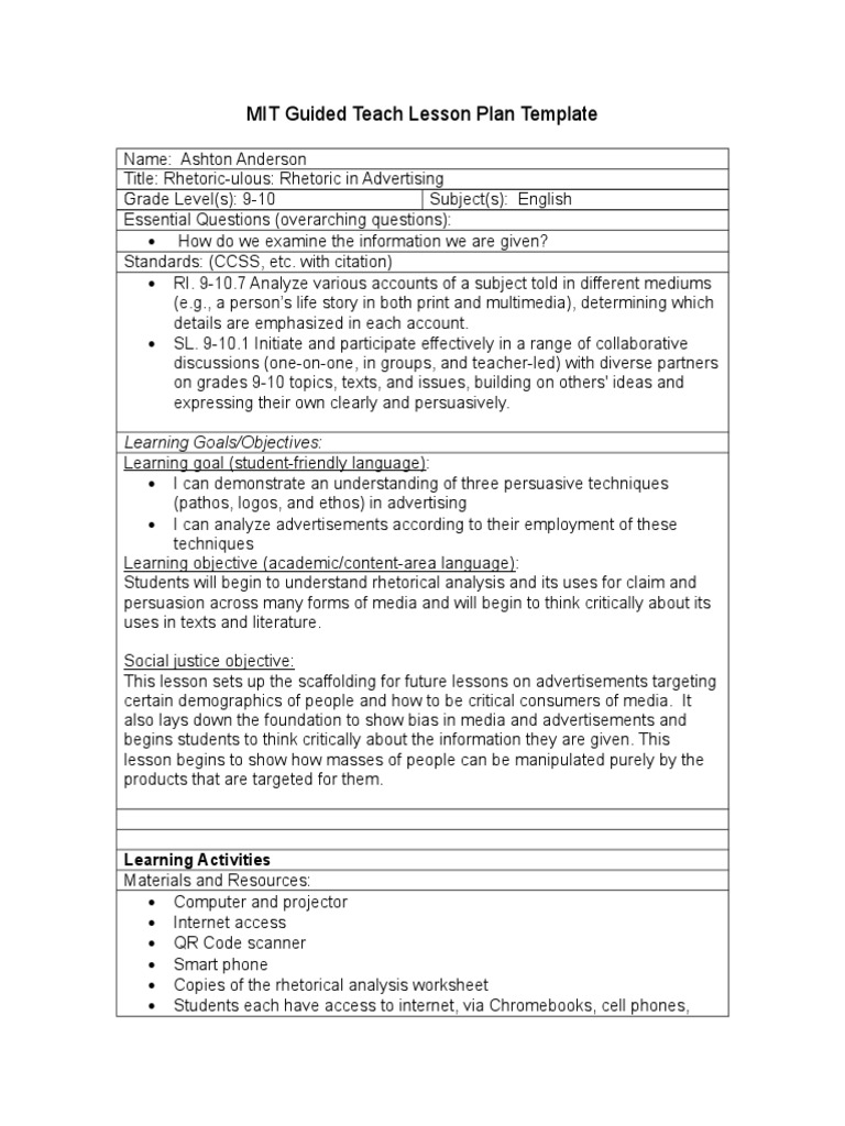 Lesson Plan For QR | PDF | Rhetoric | Advertising