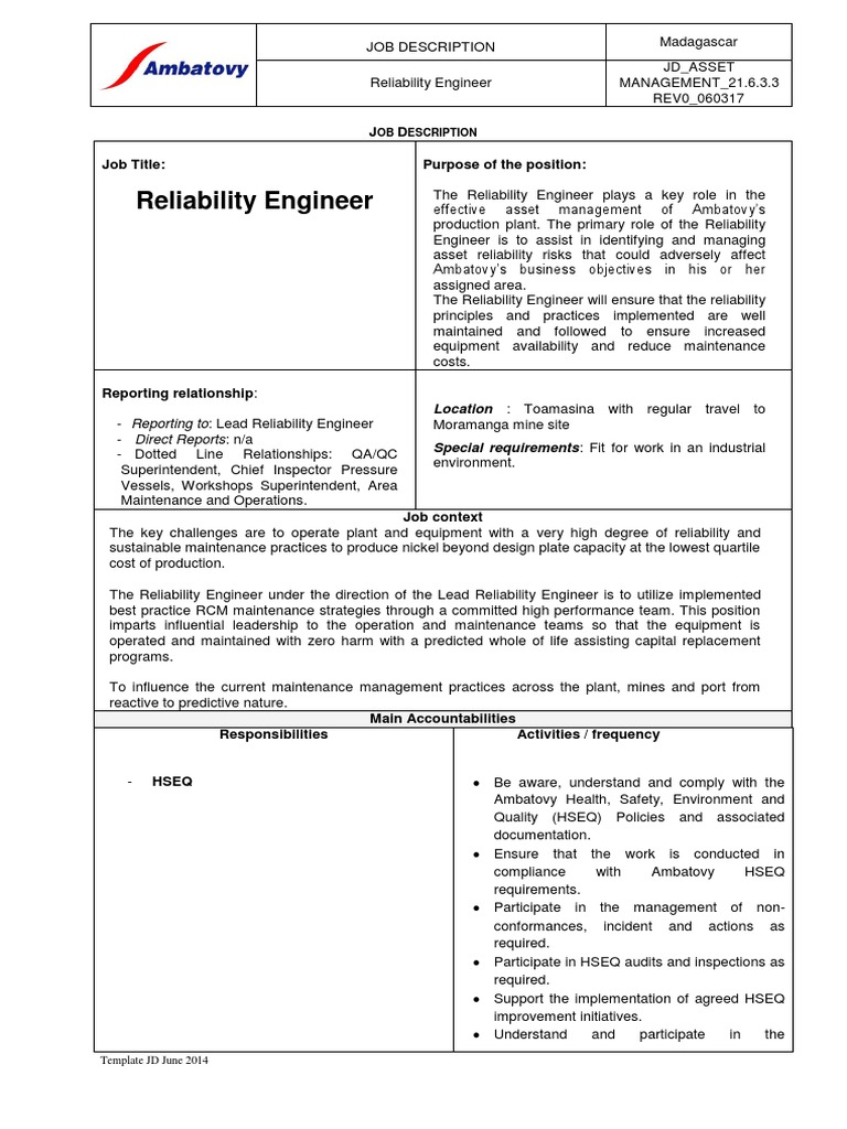 Reliability Engineer: J D Job Title: Purpose of The Position | PDF ...