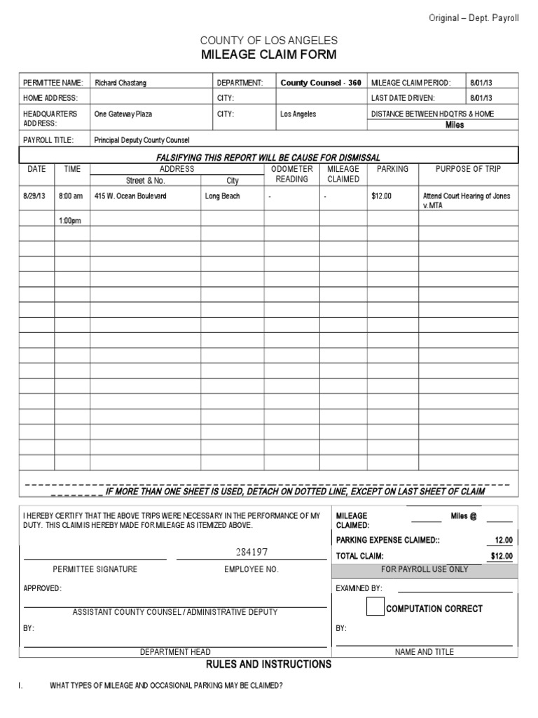 Los Angeles County Mileage Claim Form | PDF | Government Of The United ...