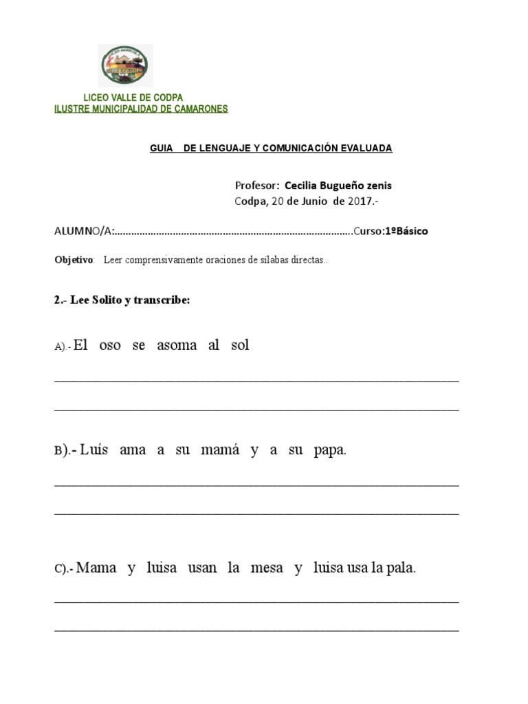 LEE COMPRENSIVAMENTE ORACIONES DE SÍLABAS DIRECTAS | PDF
