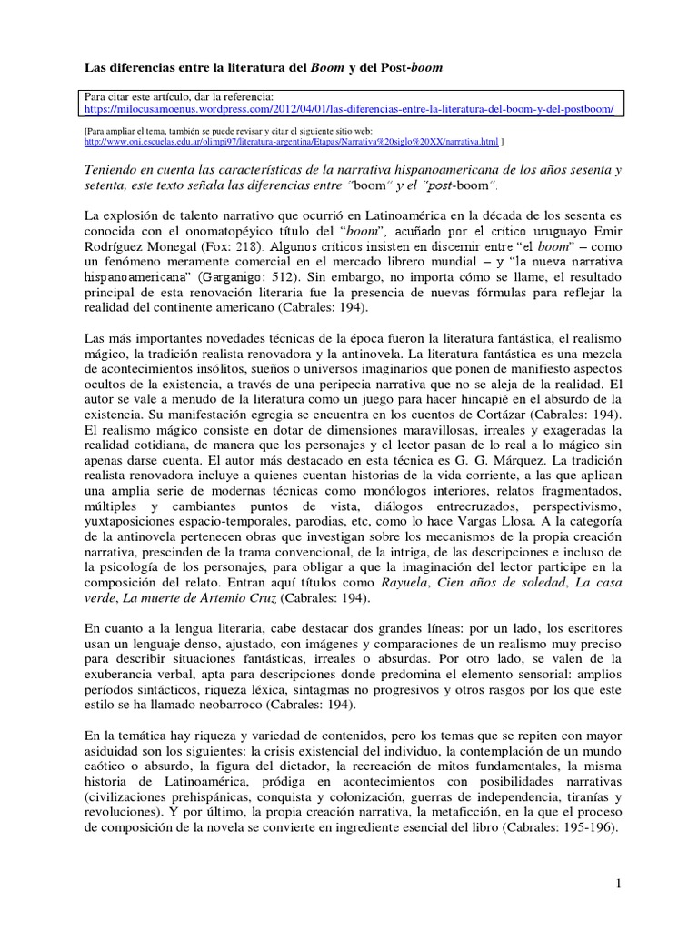 Nueva Narrativa Hispanoamericana - Lit. Del Boom y Del Post-Boom | PDF ...