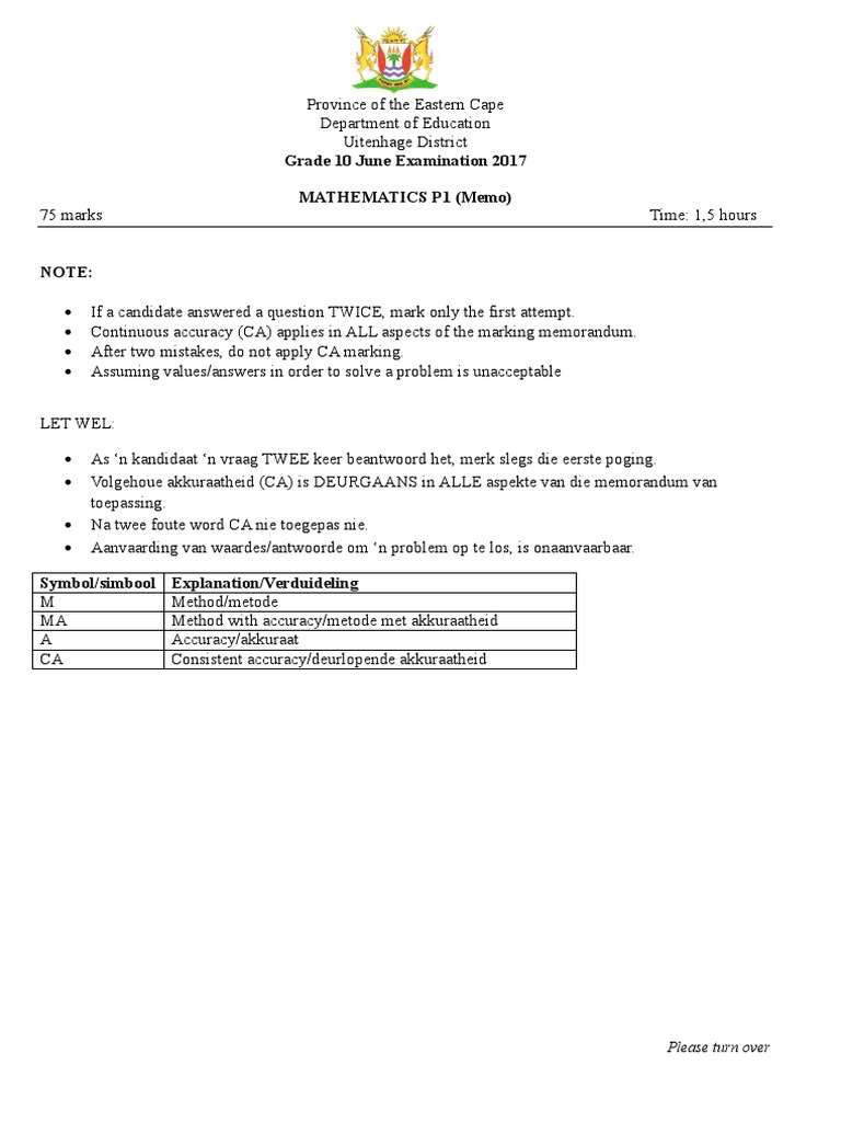 Grade 10 Maths Exam Memo 2017 | PDF | Teaching Mathematics ...