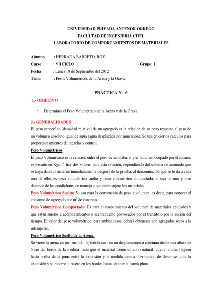 Pesos Volumetricos de La Grava y Arena | PDF | Peso | Densidad