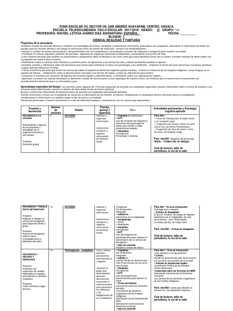 Planeación Español Secundaria Segundo Bloques 1 | PDF | Lengua española ...