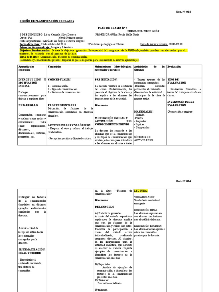 14 B Planificación Clase A Clase Plan de Clases | PDF | Comunicación | Maestros