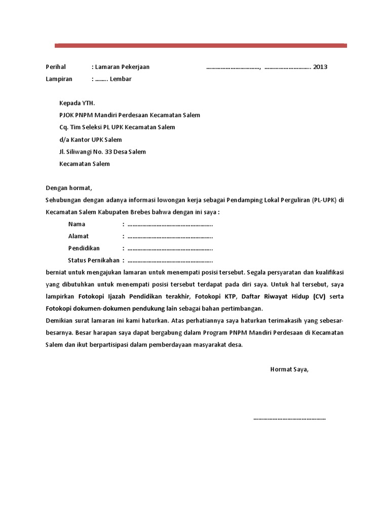 Contoh Surat Lamaran Dan CV Lamaran PL Upk Salem PDF | PDF | Karier ...
