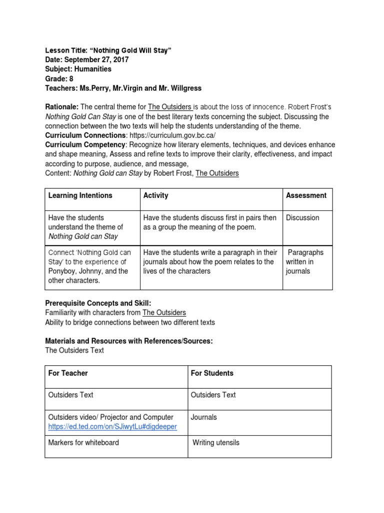 Nothing Gold Can Stay Lesson Plan - Practicum | PDF | Differentiated ...