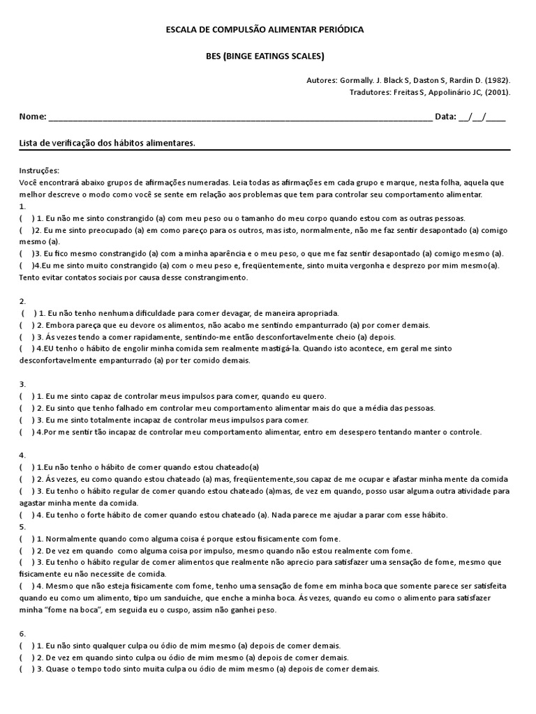 Escala de Compulsão Alimentar Periódica | PDF | Fome | Alimentos