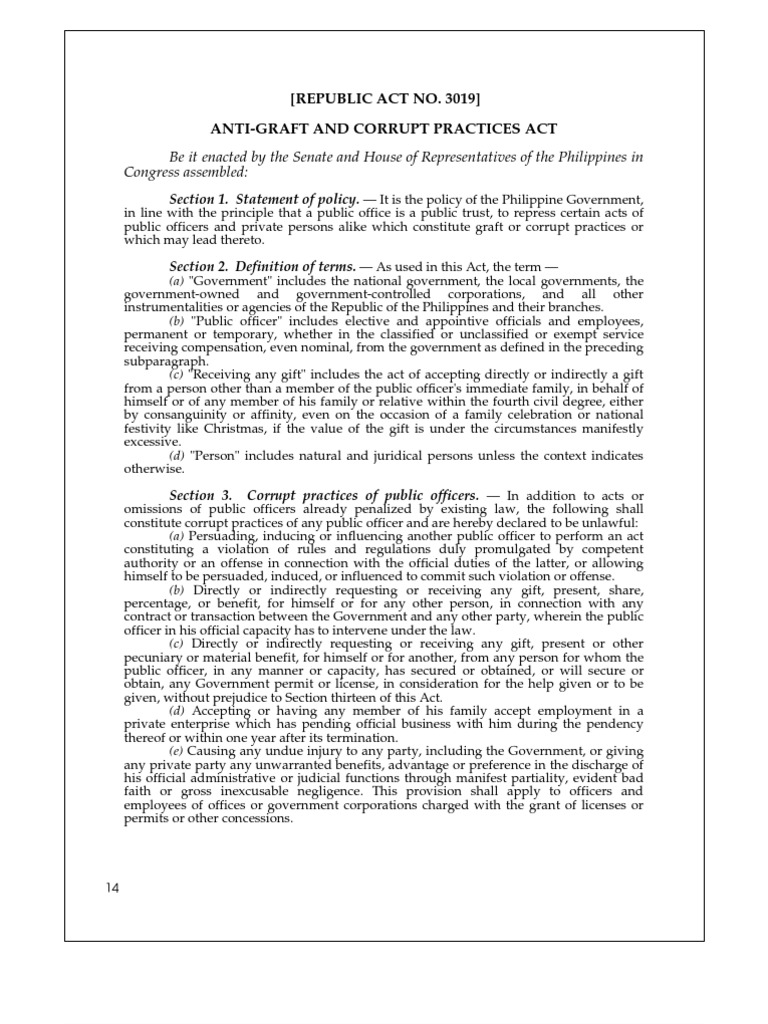 Ra 3019 Anti Graft and Corrupt Practices | Fine (Penalty) | Crimes