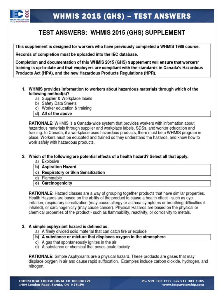 WHMIS 2015 Test Answers Guide | PDF | Toxicity | Safety