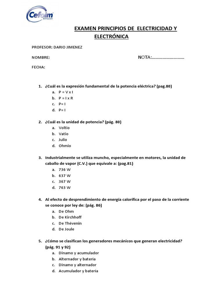 Examen de Electricidad y Electronica | PDF | Corriente eléctrica | Inductor