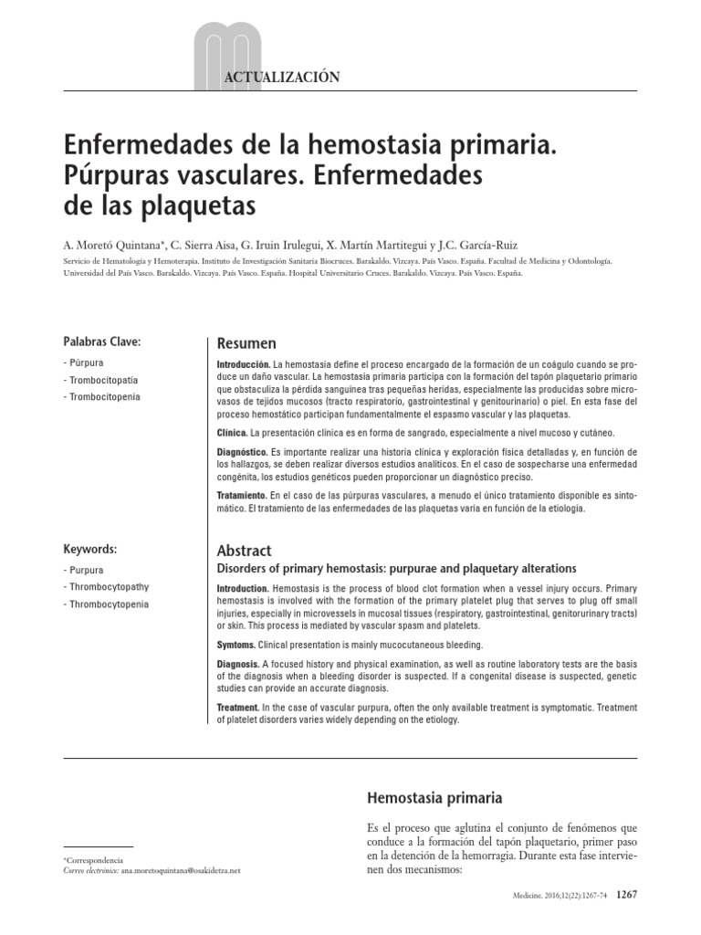 Alteraciones Hemostasia Primaria | PDF | Hemostasia | Plaqueta