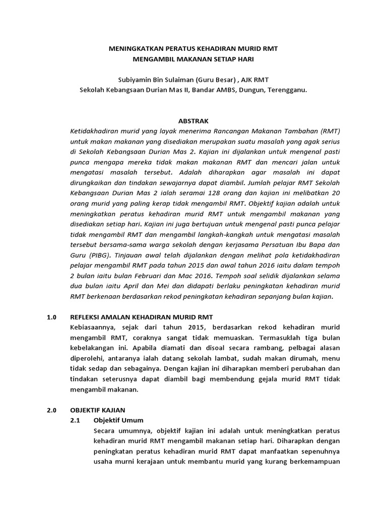 MENINGKATKAN PERATUS KEHADIRAN MURID RMT | PDF